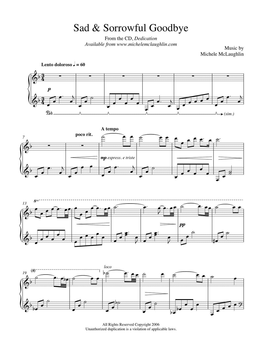 A Sad and Sorrowful Goodbye (PDF Sheet Music) – Michele McLaughlin Music